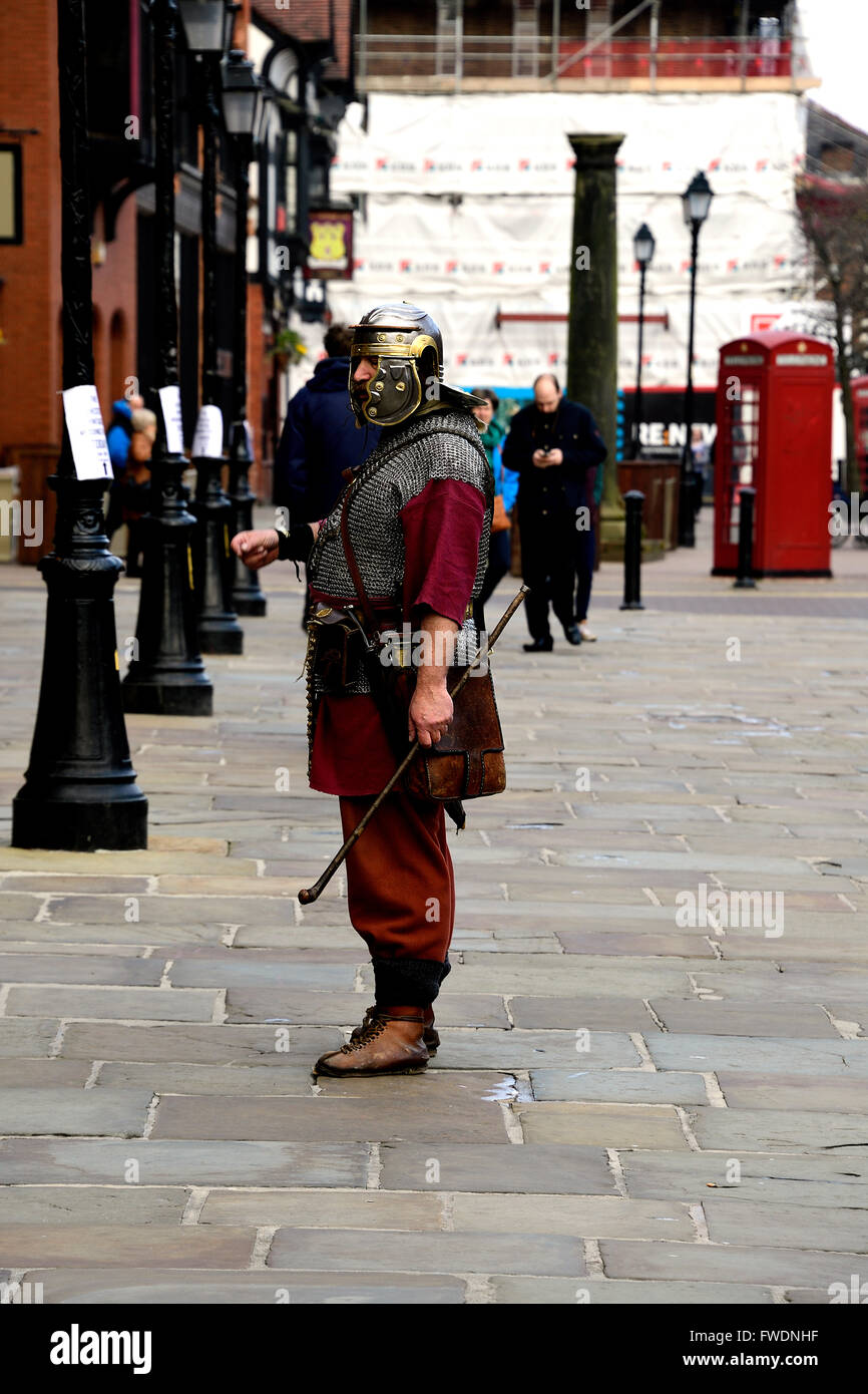 A tour leader dressed as a roman soldier in a Chester street, England ...