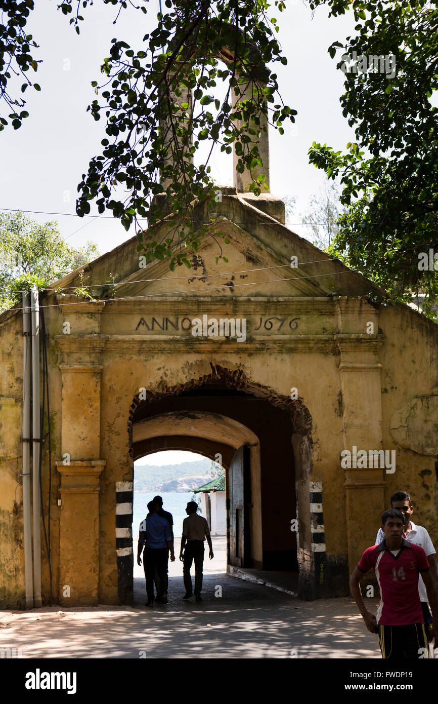 Sri Lanka, Trincomalee, Fort Frederick, 1676 gateway, people walking ...