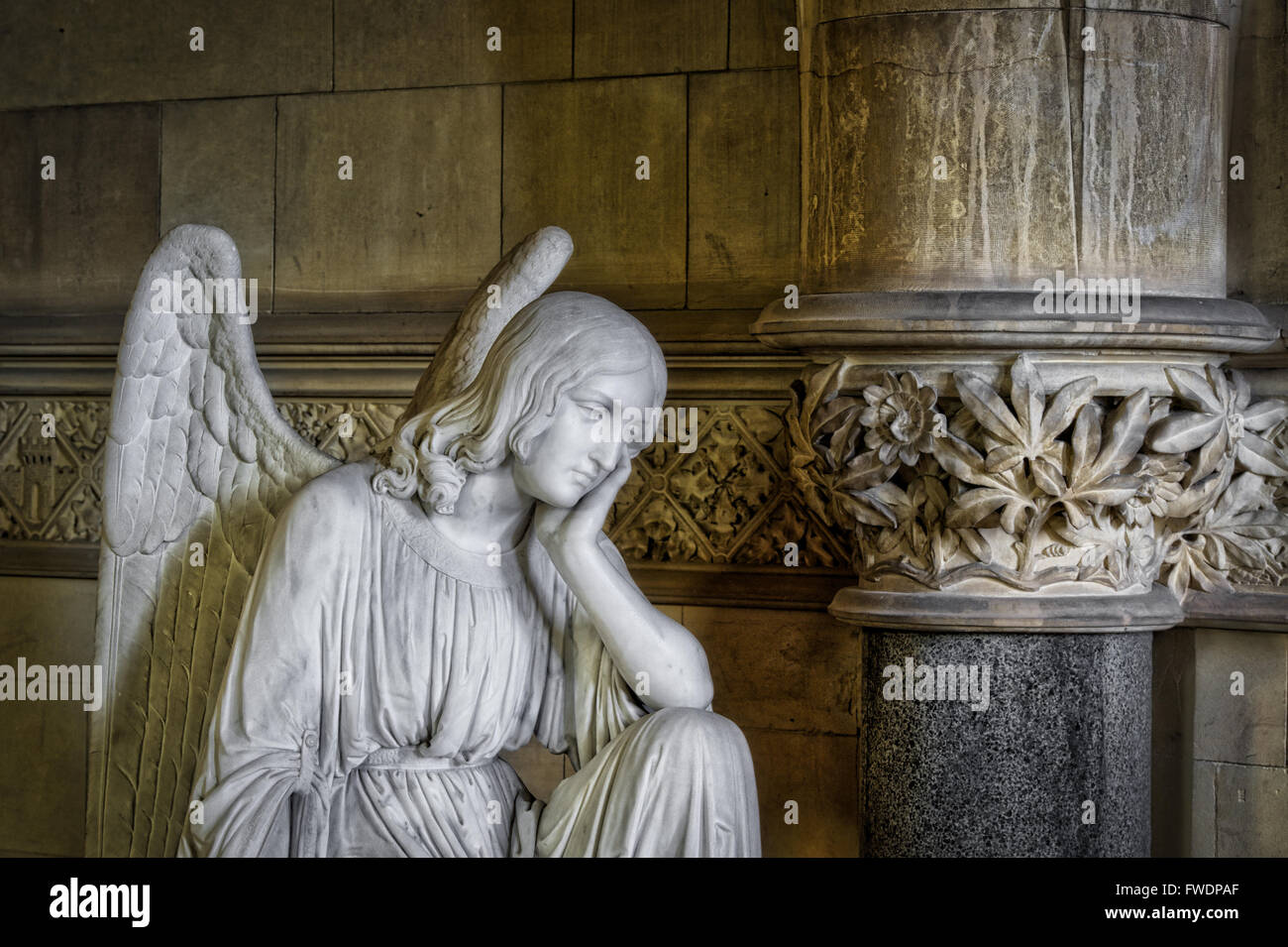Angel statue on the Lady de Mauley monument inside St Nicholas Church, Hatherop, Gloucestershire ...