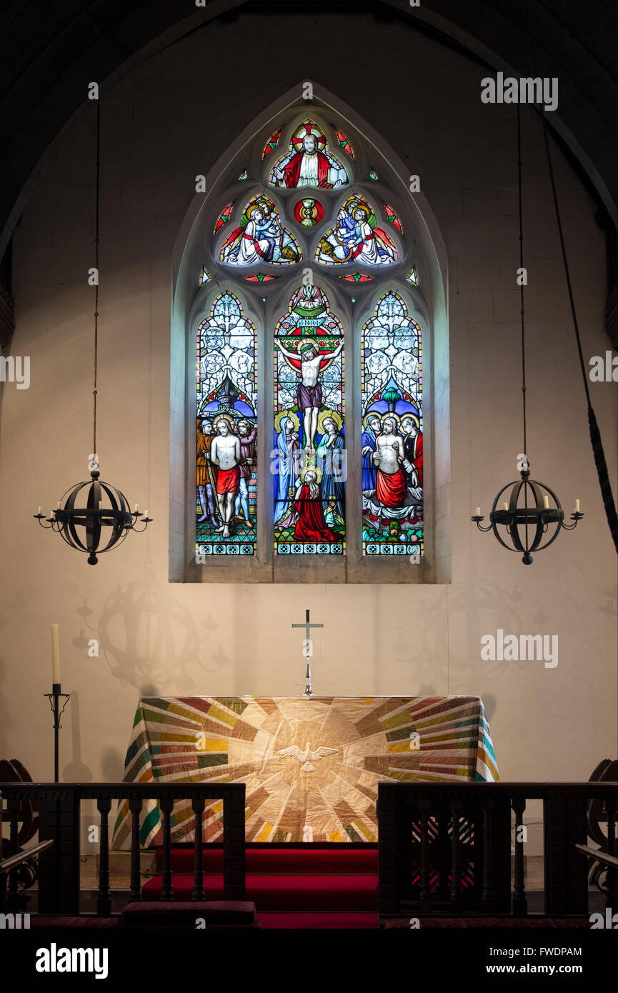 Altar and Stained Glass window in St Nicholas Church, Hatherop, Cotswolds, Gloucestershire ...