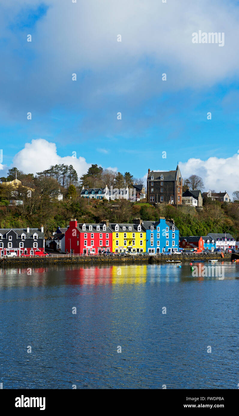 Colourful houses lining the harbour in the port of Tobermory,Isle of ...
