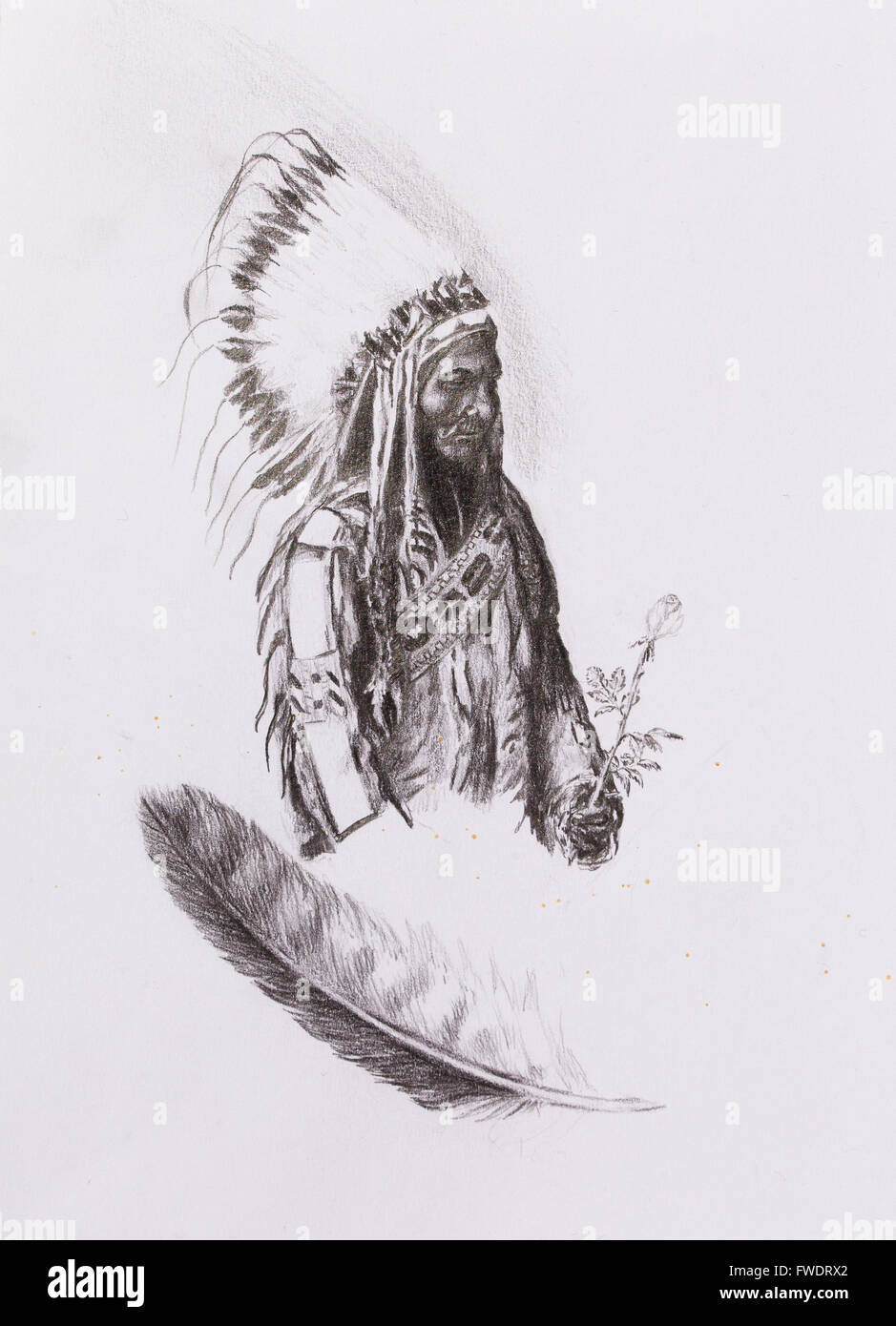 Indian Headdress Pencil Drawing Native American Wall Decor Indian