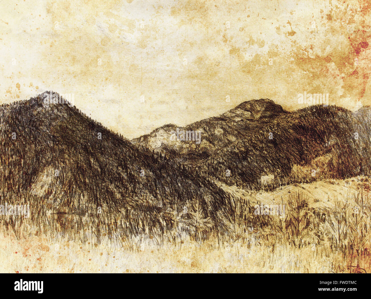 landscape painting and mountain on old paper background Stock Photo - Alamy
