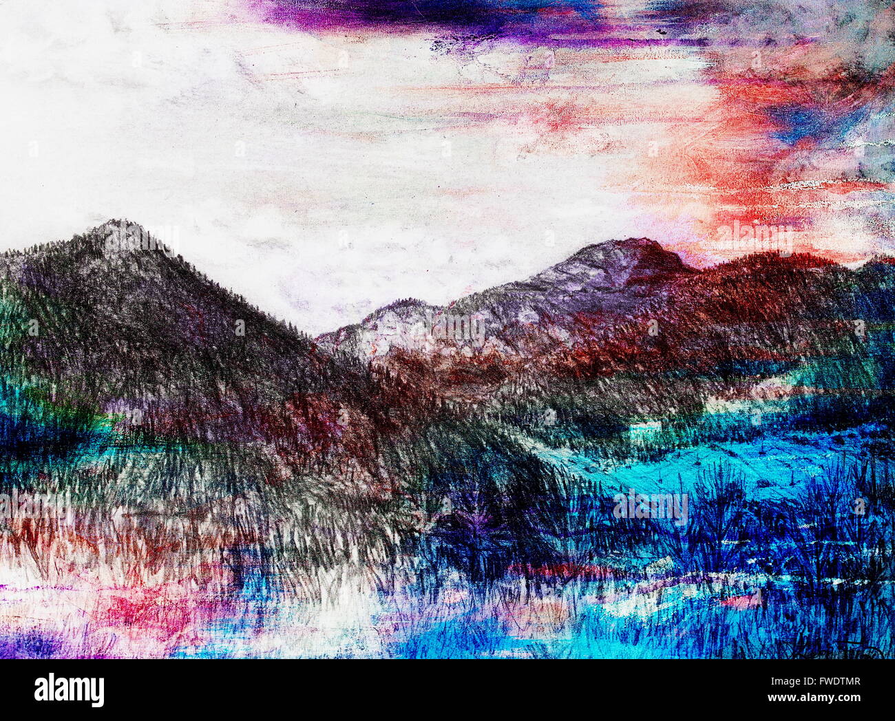 landscape painting on old paper and Color Abstract background Stock ...