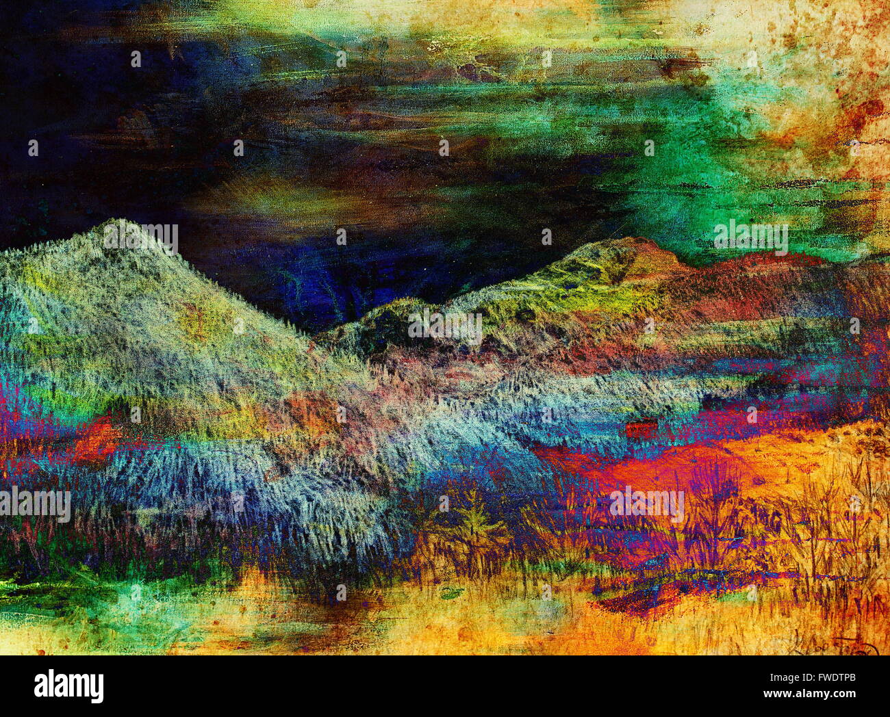landscape painting on old paper and Color Abstract background Stock ...