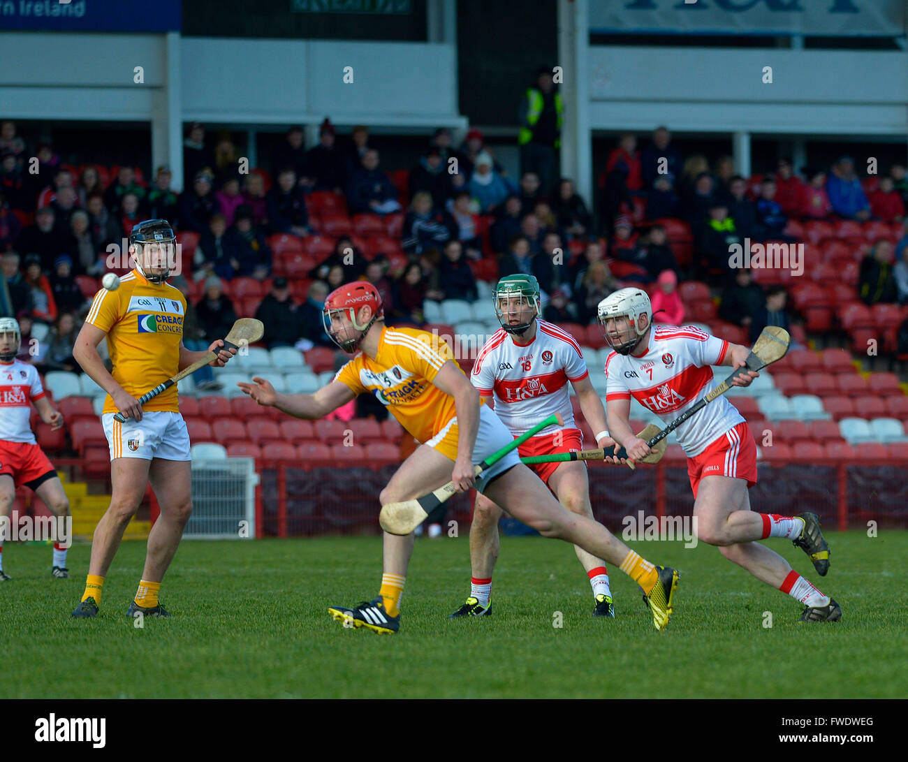 GAA National Hurling League, Derry v Antrim (in yellow), Celtic Park ...