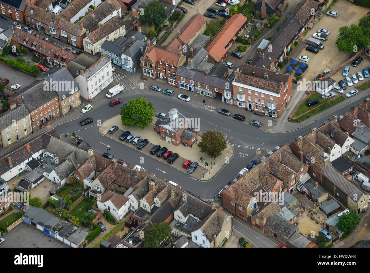 An aerial view of the central square in the Bedfordshire village of ...