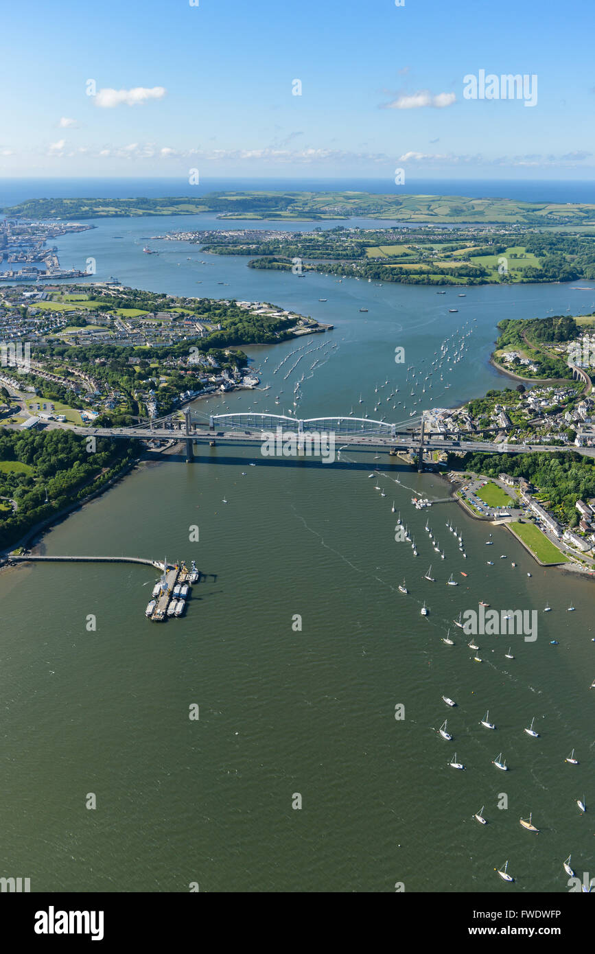 An aerial view of the Tamar Estuary with the road and railway bridges ...