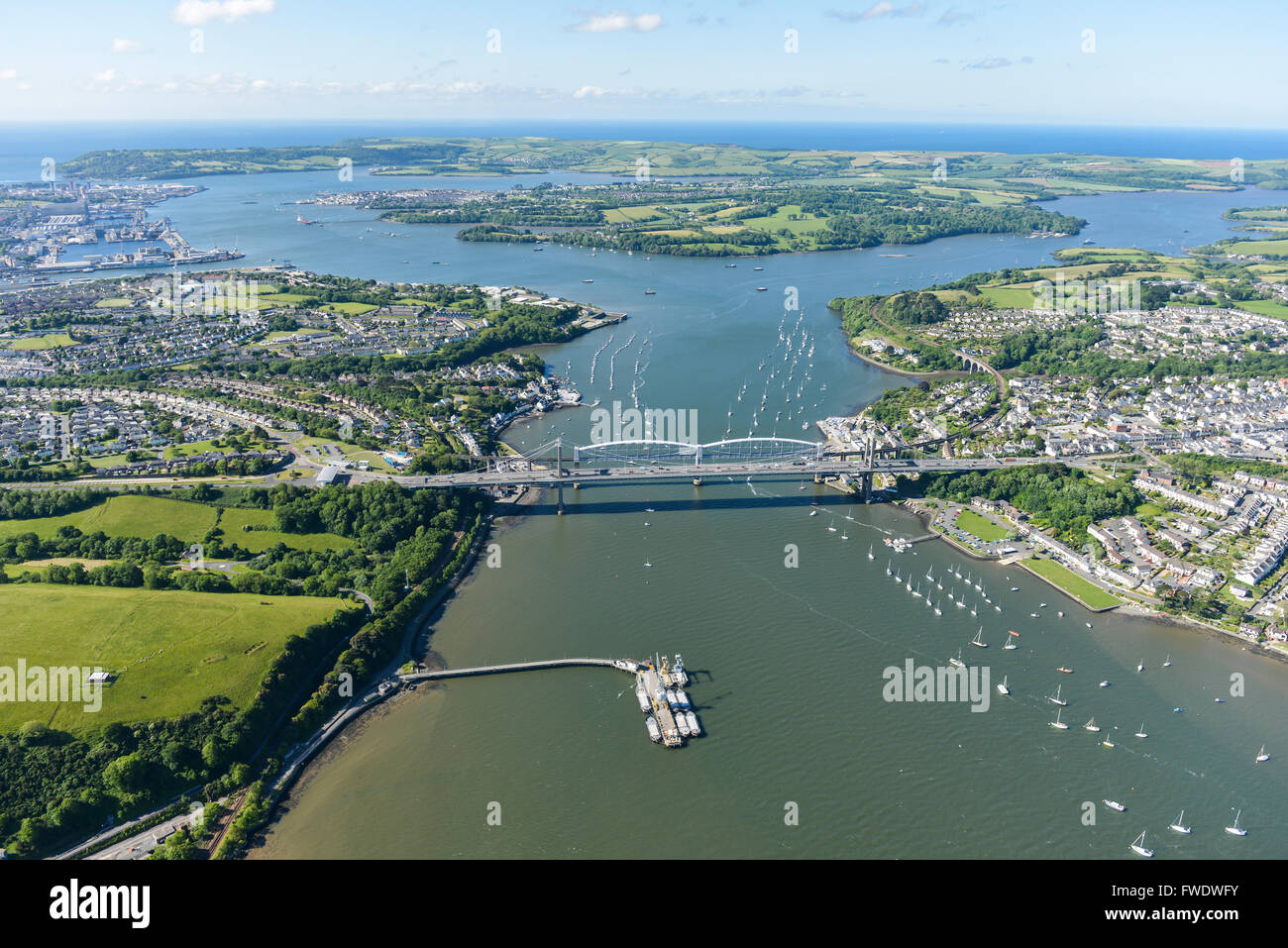 An aerial view of the Tamar Estuary with the road and railway bridges ...