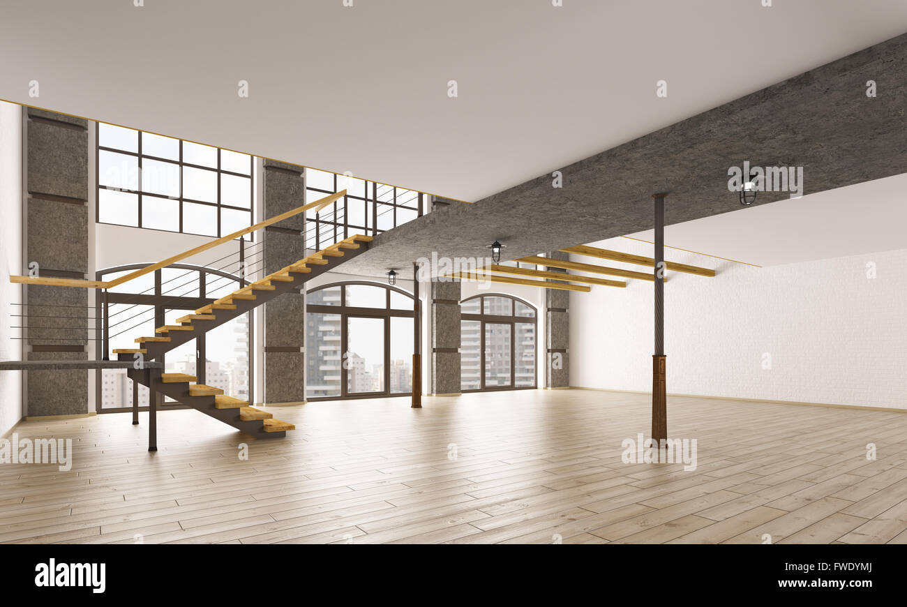Empty interior of modern loft apartment 3d rendering Stock Photo - Alamy
