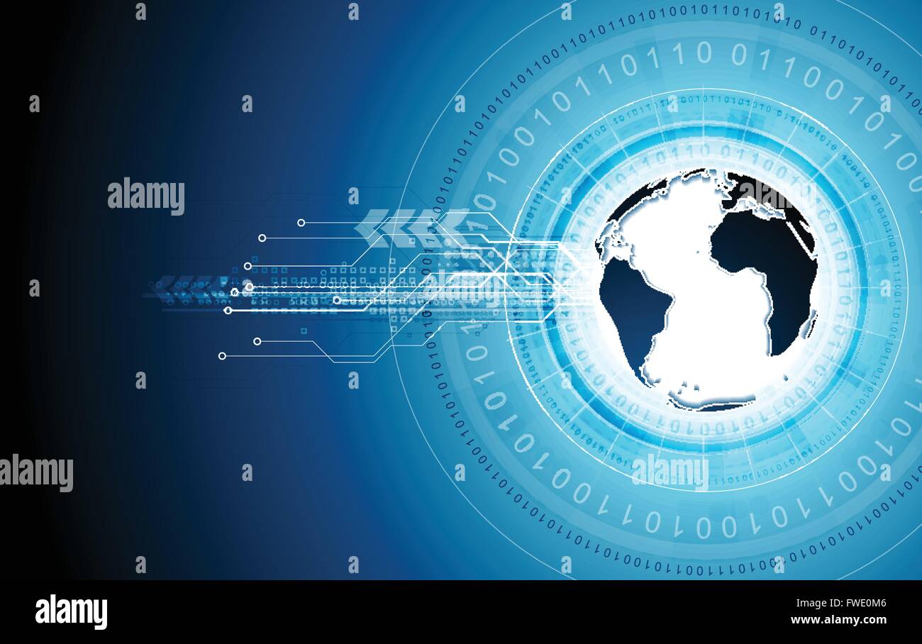Blue tech background with globe and binary code. Vector graphic ...