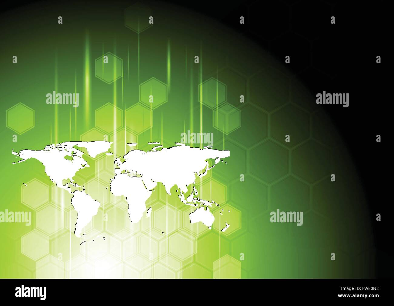 Bright green technology background with hexagons and world map drawing ...