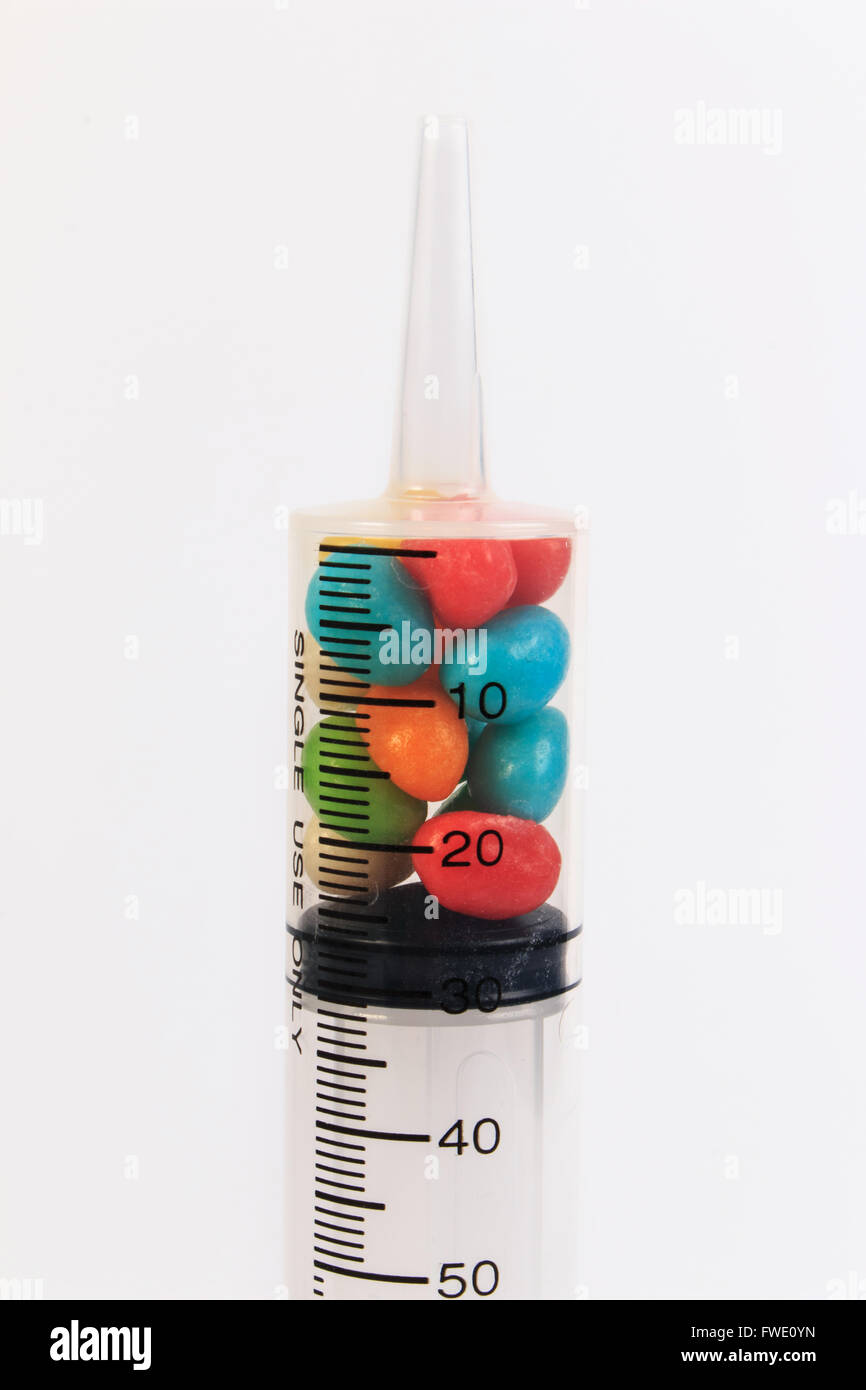 A syringe and candy bottle isolate on white background. Protect against ...