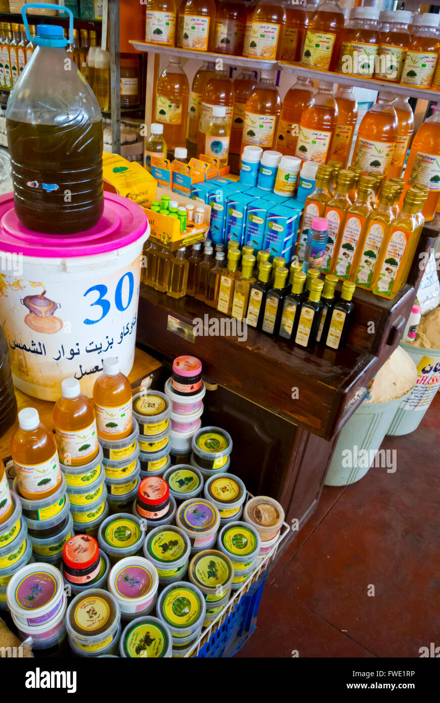 Argan oil products, Souk El Had, market place, Agadir, Souss, Morocco ...
