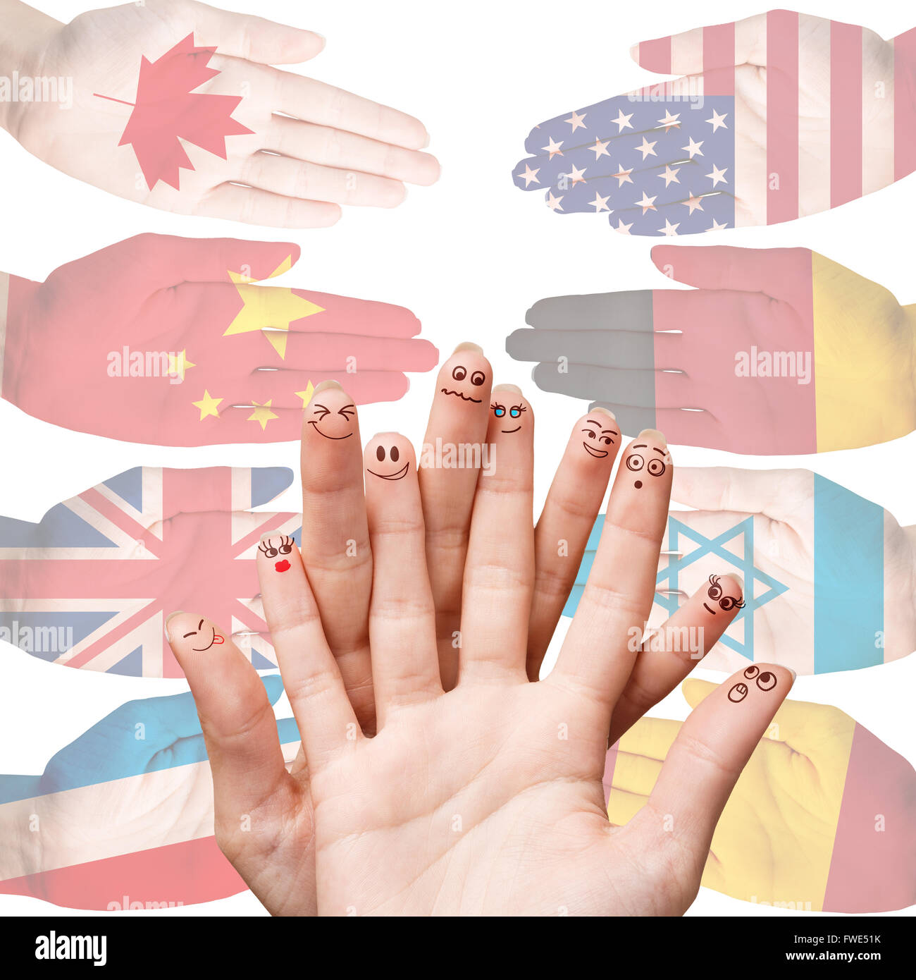 Many hands with different country flags painted on them isolated on ...