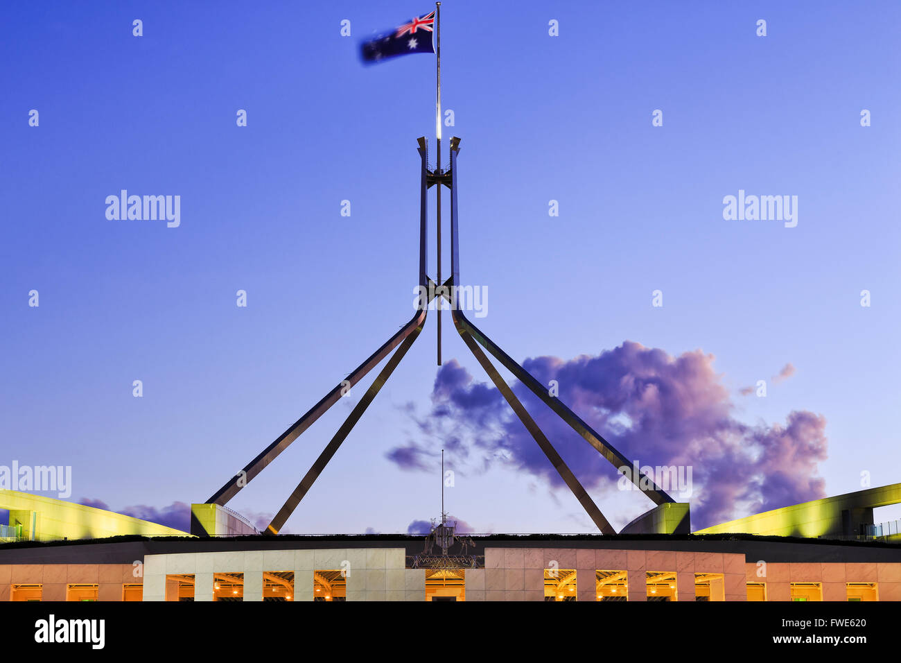 roof top part of Canberra parliament house - flagpole on four legs with ...