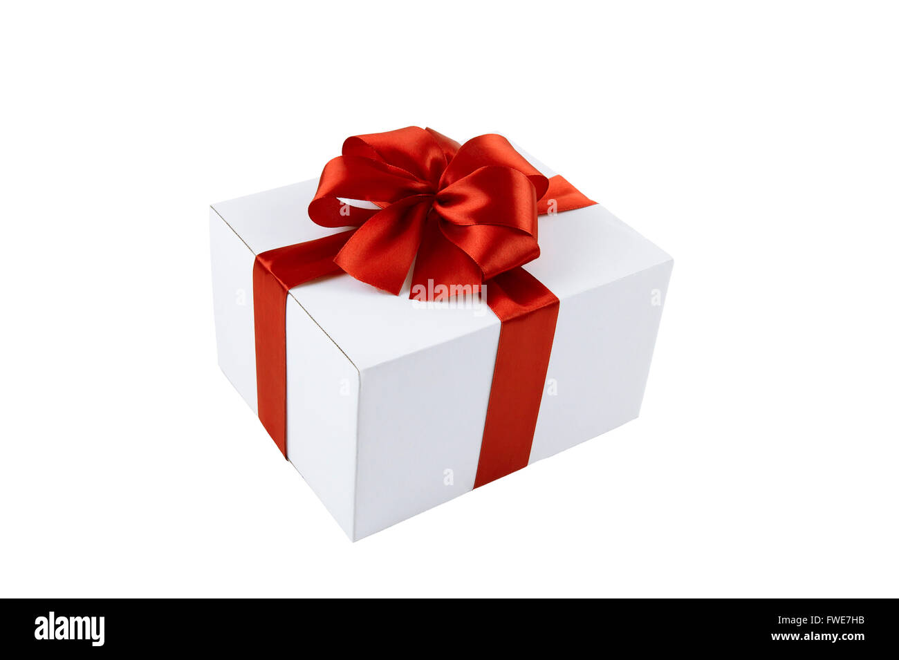 White box wrapped around with red bow isolated on white background ...
