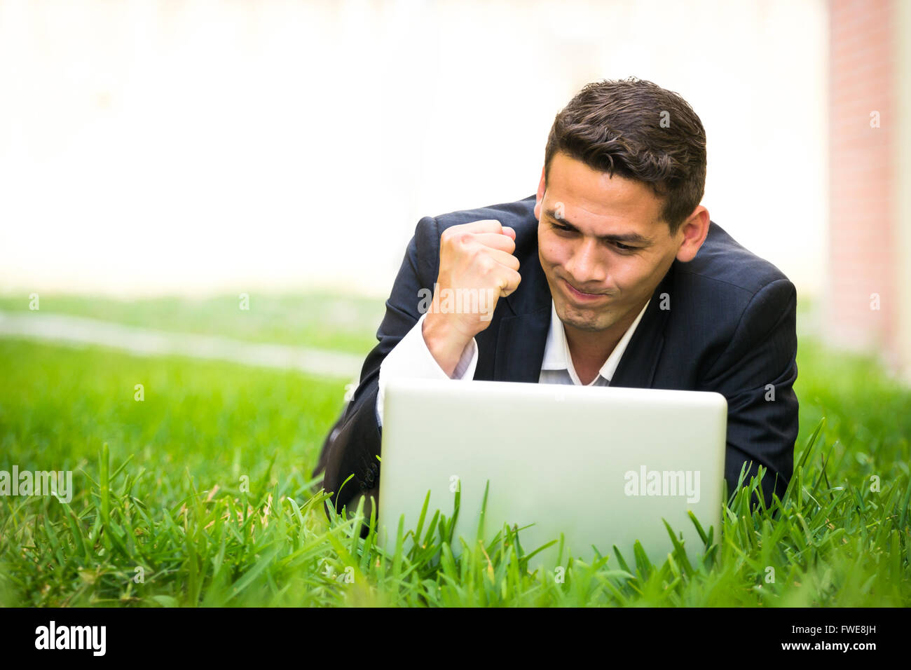 Young business man working with his laptop on grass Stock Photo - Alamy
