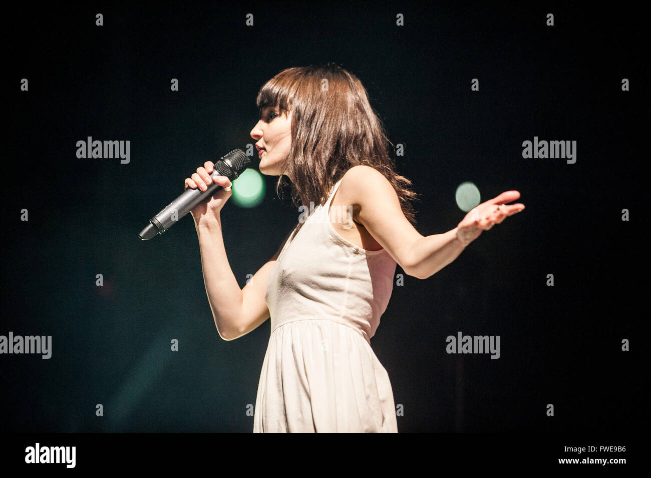 Singer Lauren Mayberry of Chvrches performs at The SSE Hydro on April 2 ...