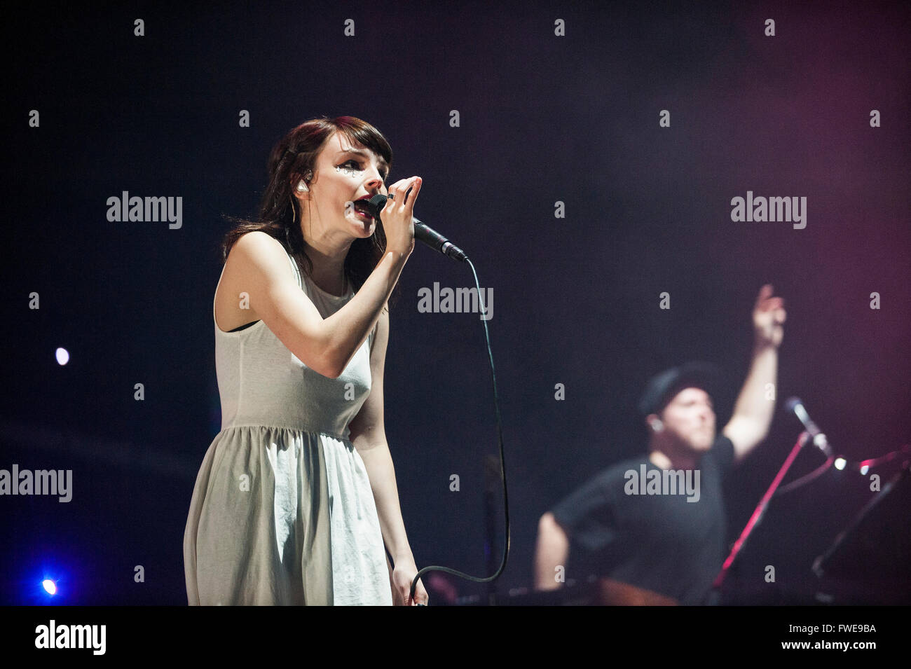 Singer Lauren Mayberry of Chvrches performs at The SSE Hydro on April 2 ...