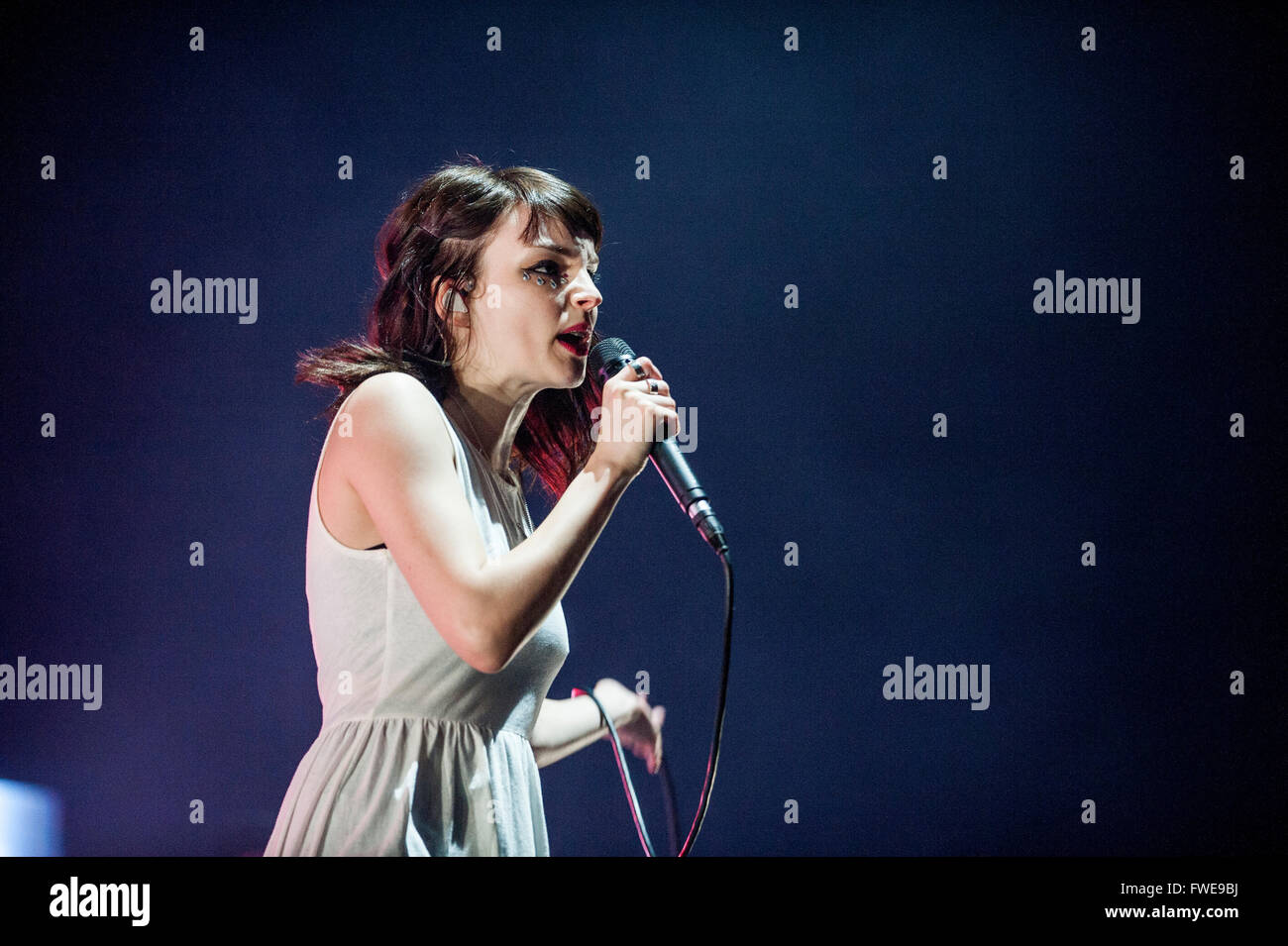 Singer Lauren Mayberry of Chvrches performs at The SSE Hydro on April 2 ...