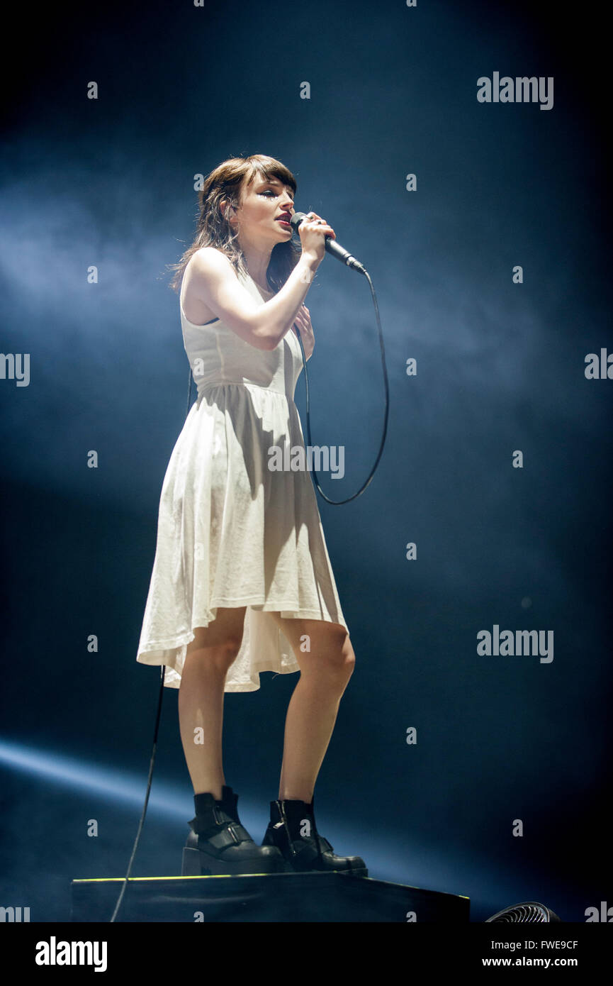Singer Lauren Mayberry of Chvrches performs at The SSE Hydro on April 2 ...