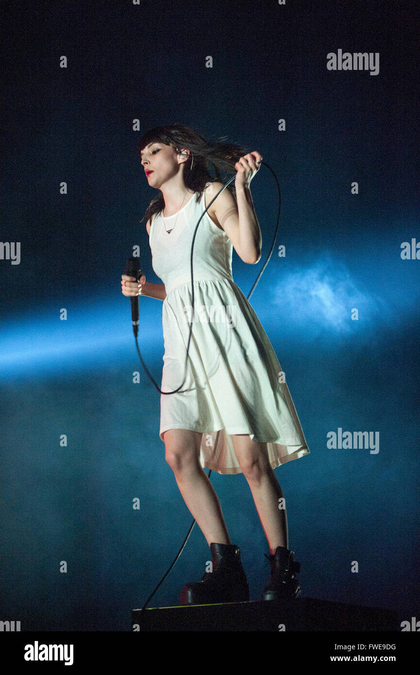 Singer Lauren Mayberry of Chvrches performs at The SSE Hydro on April 2 ...