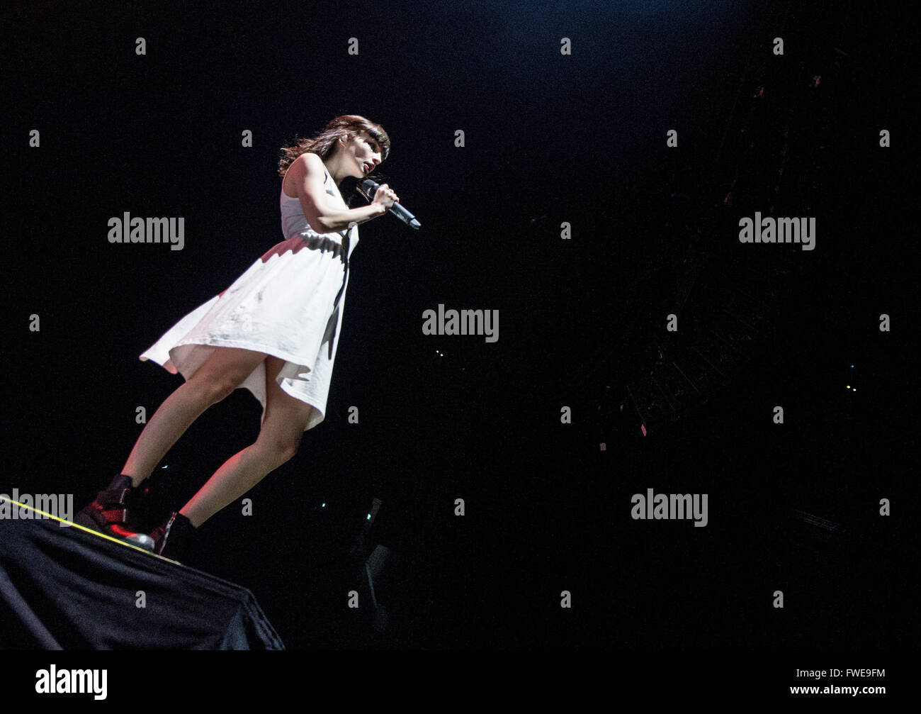 Singer Lauren Mayberry of Chvrches performs at The SSE Hydro on April 2 ...