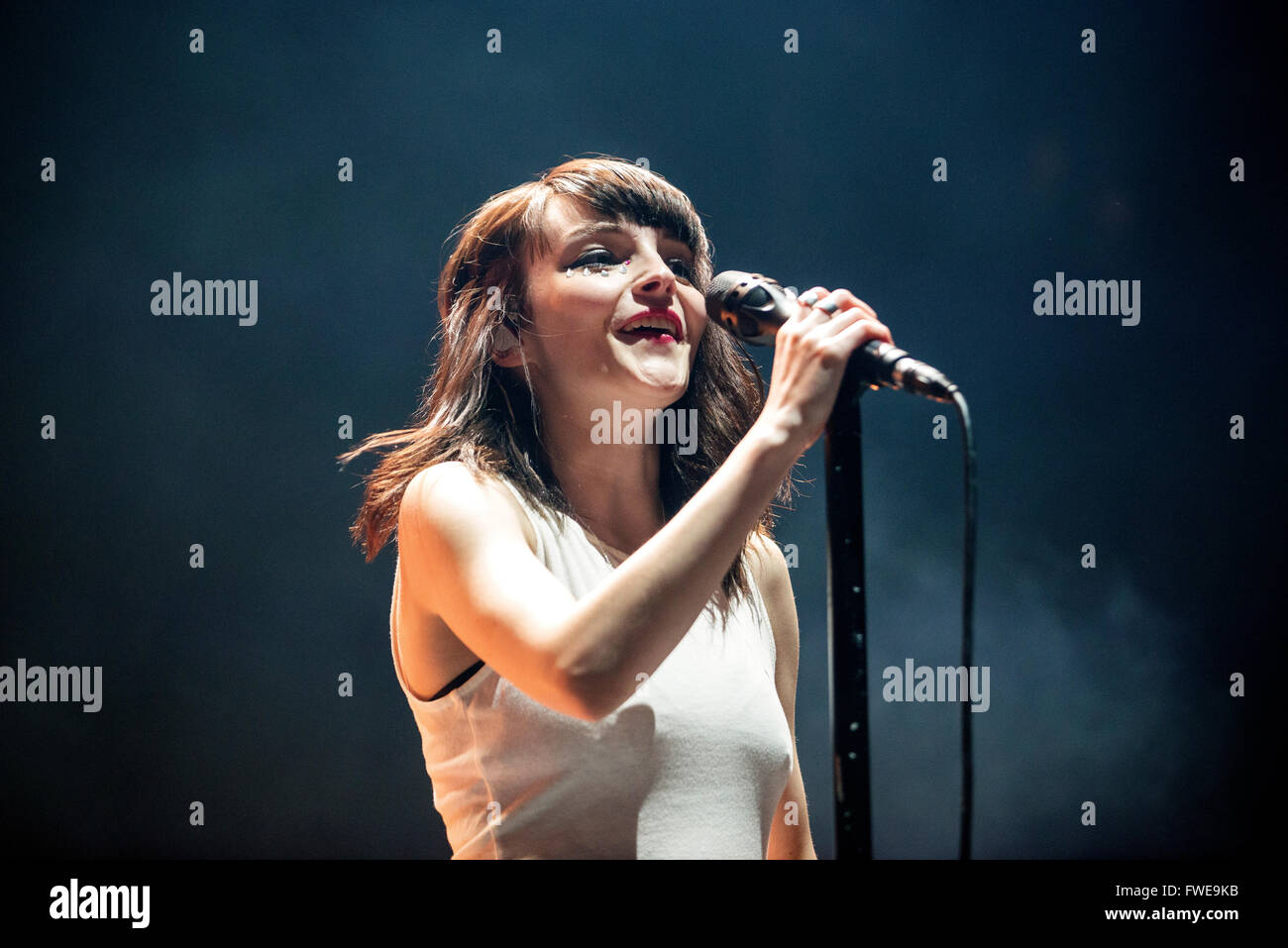 Singer Lauren Mayberry of Chvrches performs at The SSE Hydro on April 2 ...