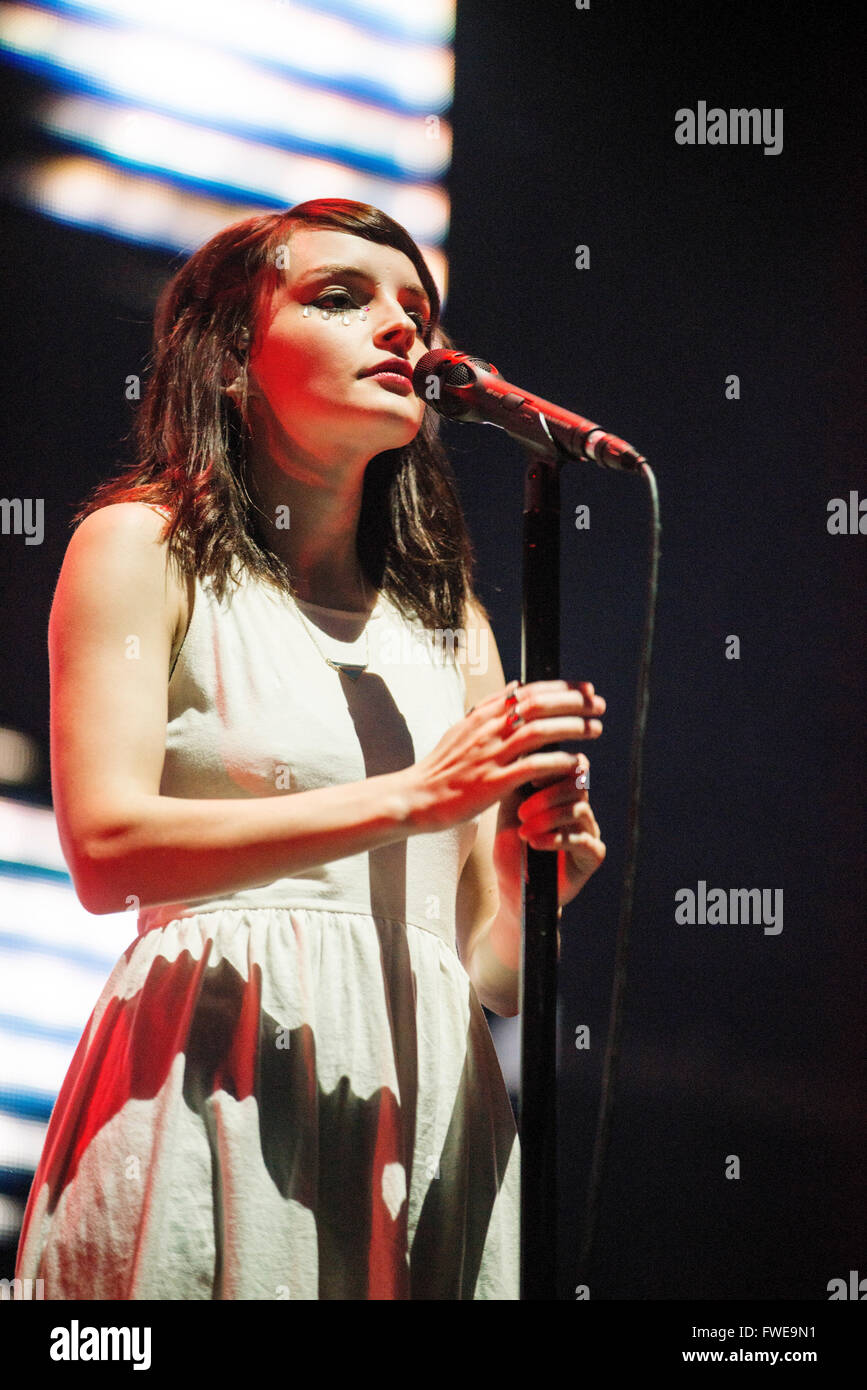 Singer Lauren Mayberry of Chvrches performs at The SSE Hydro on April 2 ...