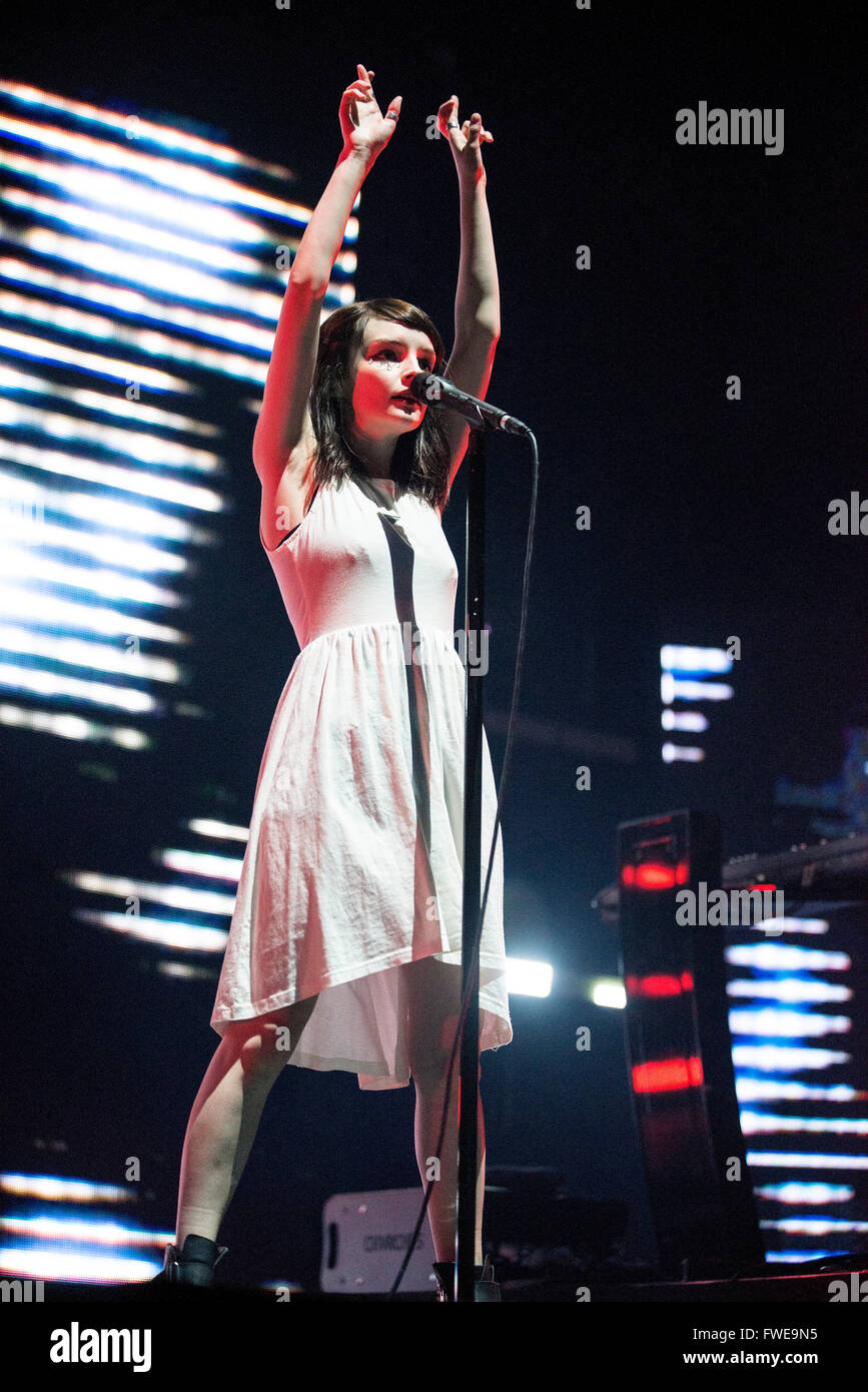 Singer Lauren Mayberry of Chvrches performs at The SSE Hydro on April 2 ...