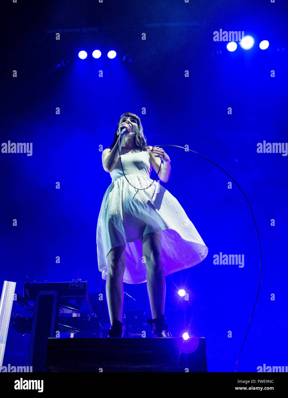 Singer Lauren Mayberry of Chvrches performs at The SSE Hydro on April 2 ...