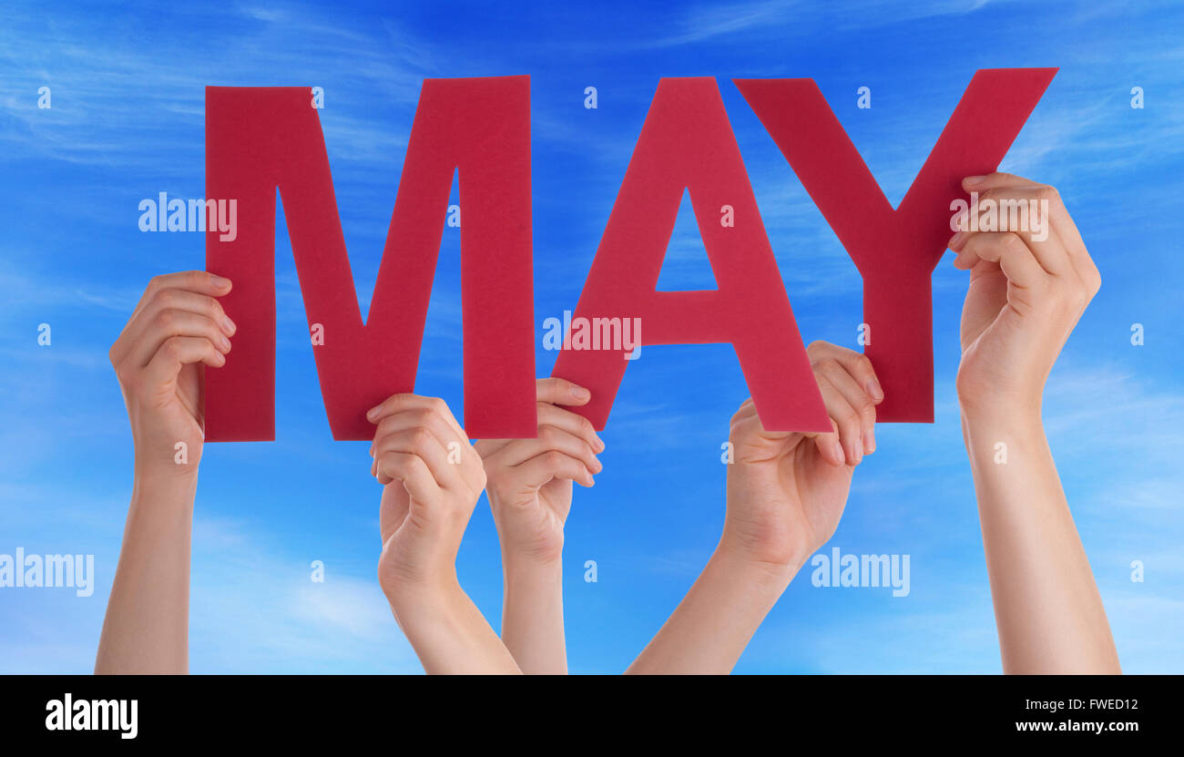 Many People Hands Holding Red Straight Word May Blue Sky Stock Photo ...
