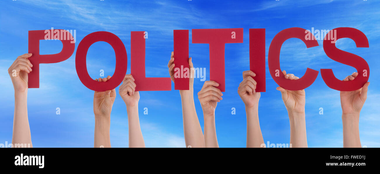 Many People Hands Holding Red Straight Word Politics Blue Sky Stock ...