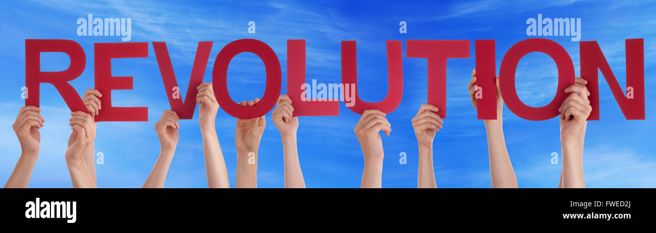 Many People Hands Holding Red Straight Word Revolution Blue Sky Stock ...