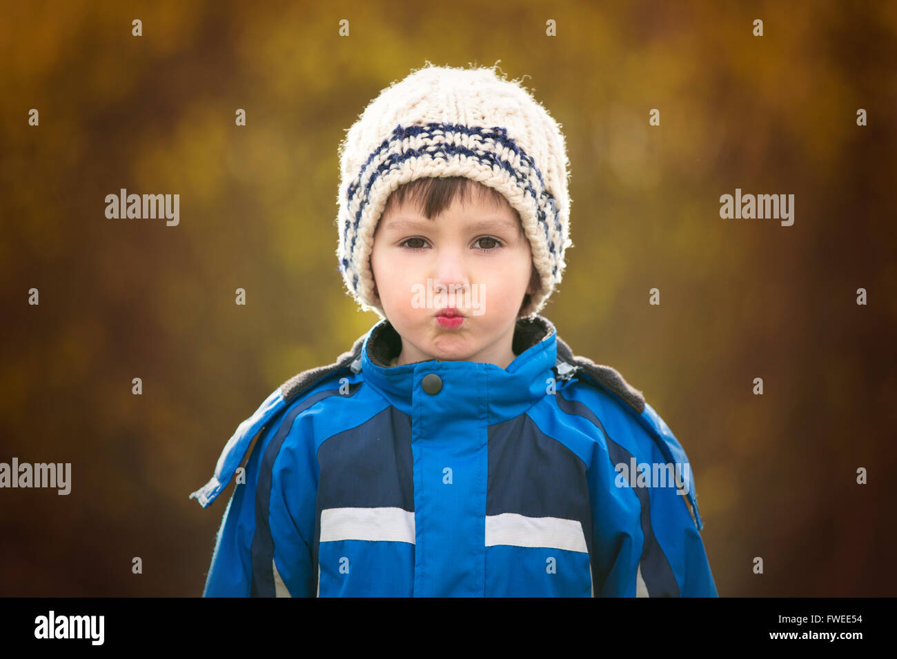 Cute close portrait of a child, preschool boy outdoor, springtime Stock ...