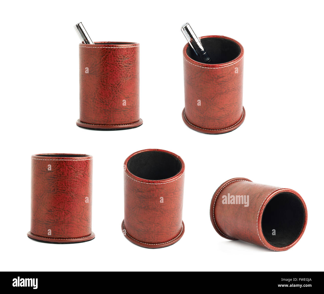 Red leather pen holder cylinder Stock Photo - Alamy