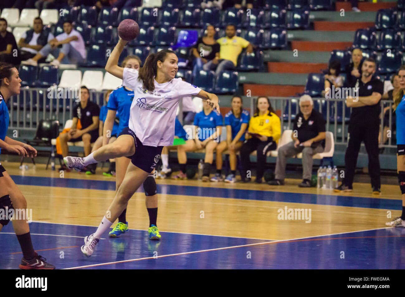 young women handball match held in a sports centre Stock Photo - Alamy