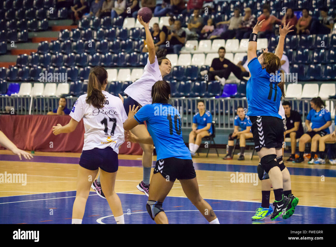 young women handball match held in a sports centre Stock Photo - Alamy
