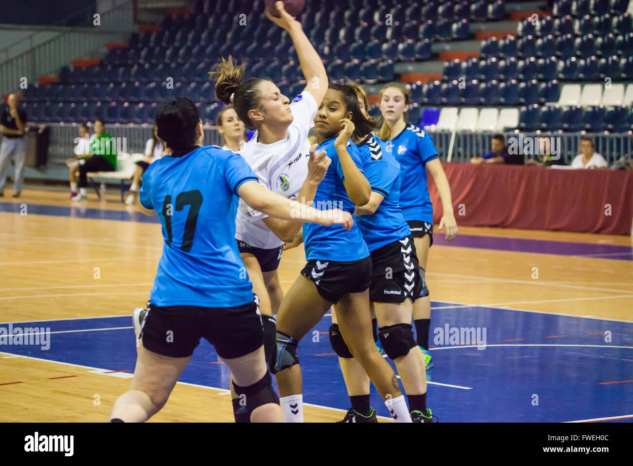 young women handball match held in a sports centre Stock Photo - Alamy