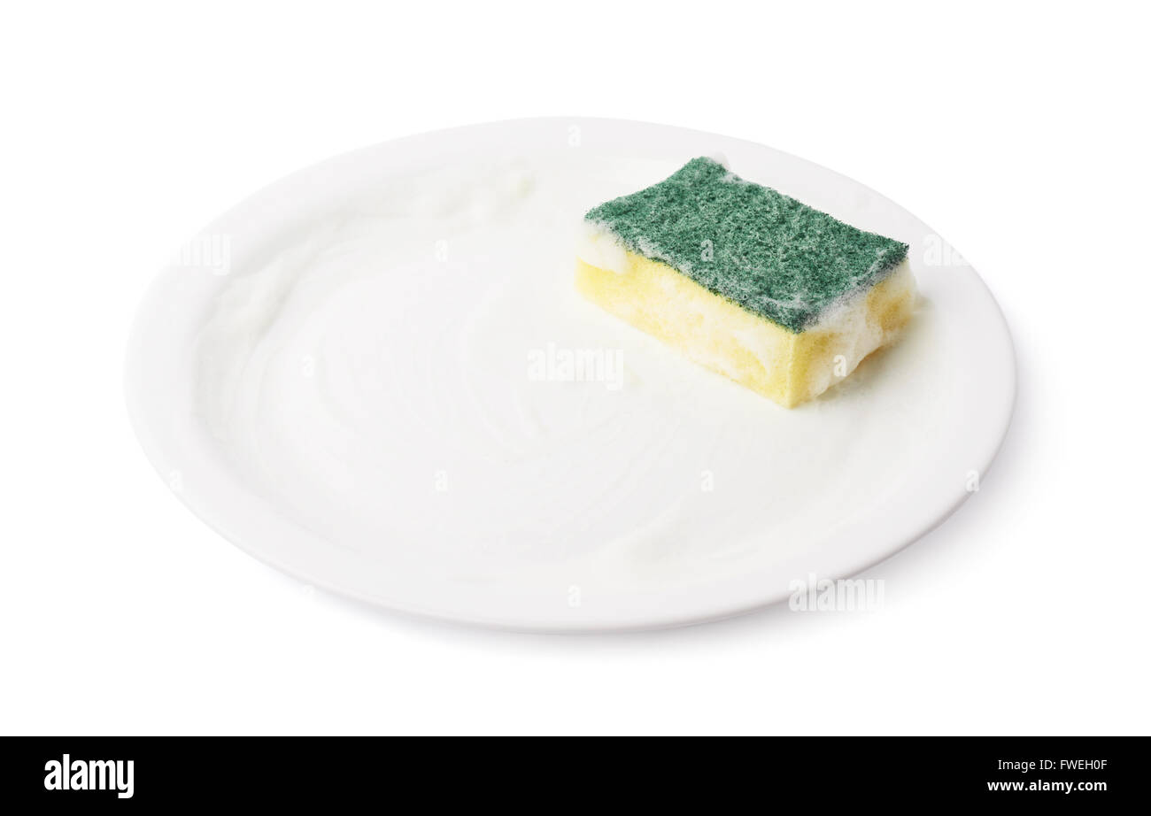 Foam covered sponge over ceramic plate Stock Photo - Alamy