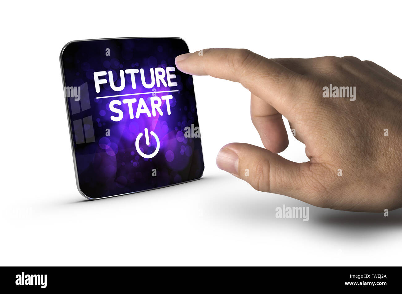 Finger about to press modern screen with the text future start, white ...