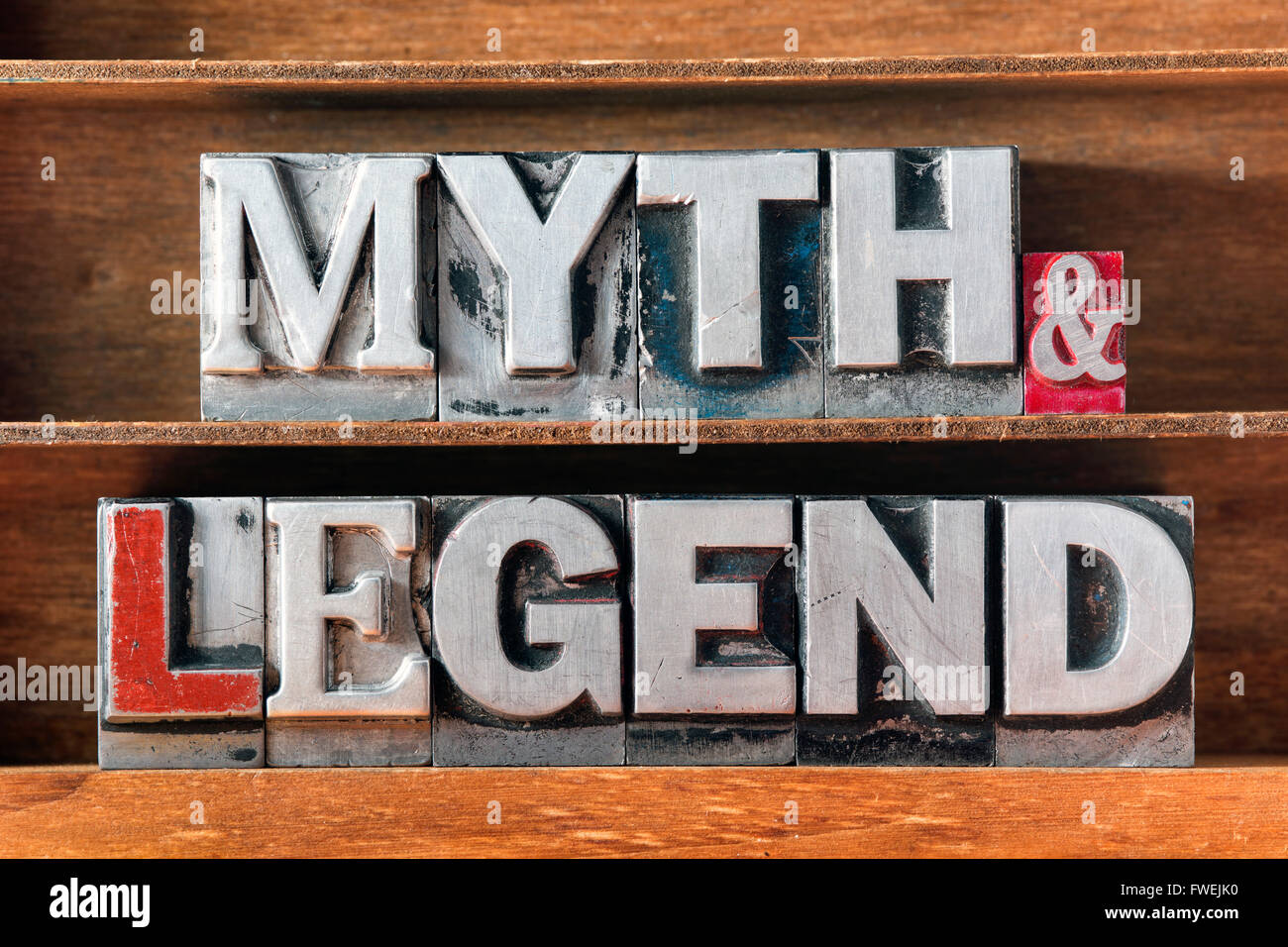 myth and legend words made from metallic letterpress type on wooden ...