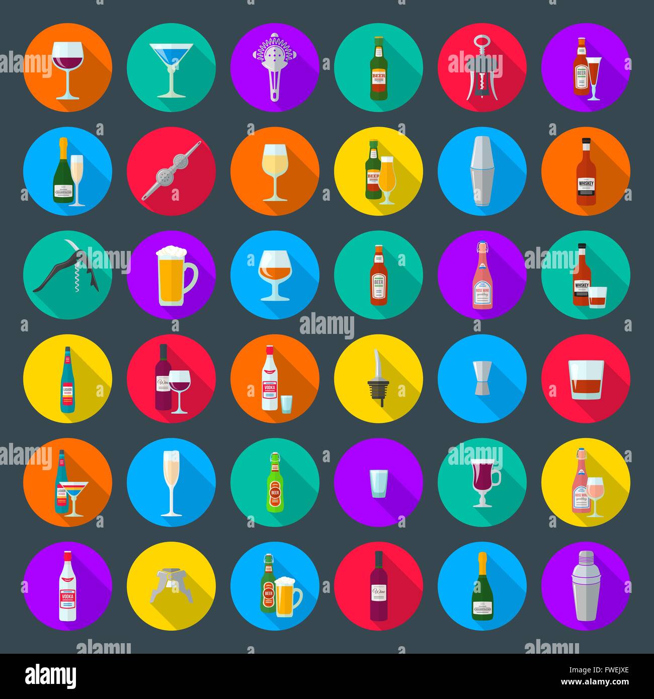 vector colorful flat design long shadows various alcohol bottles glasses and barmen equipment ...