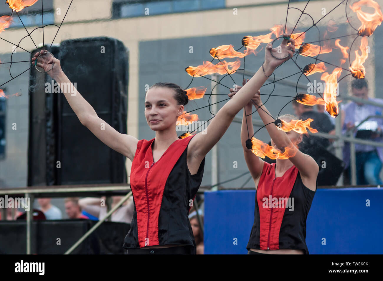 Orenburg, Russia - 25.07.2014: Juggling burning torches at sporting ...