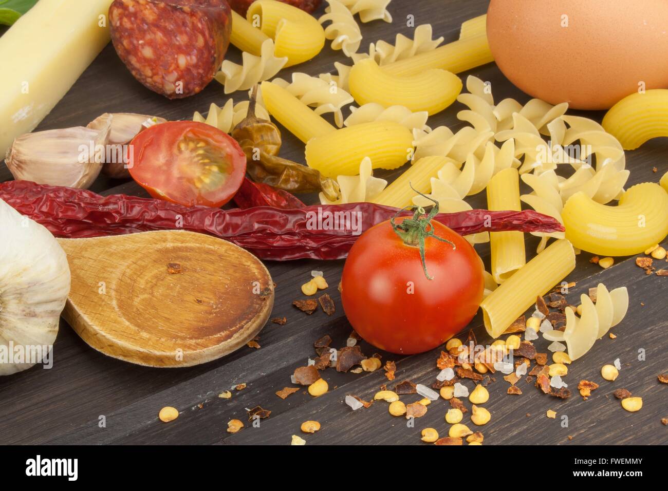 Ingredients for preparing pasta. Cooking pasta dishes. A traditional ...