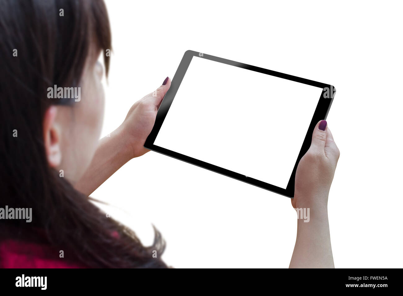 Black tablet with blank, isolated screen for mockup in woman hand ...