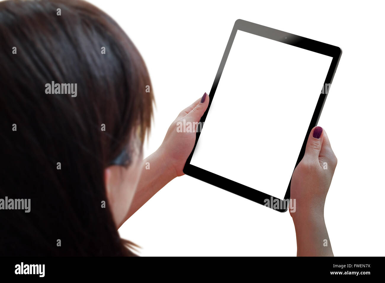 Tablet in woman hands. Isolated background and white screen for mockup ...