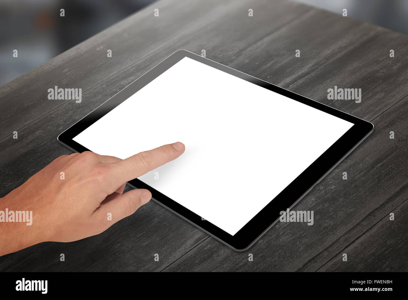 Woman hand touch tablet isolated white screen. Vertical position ...