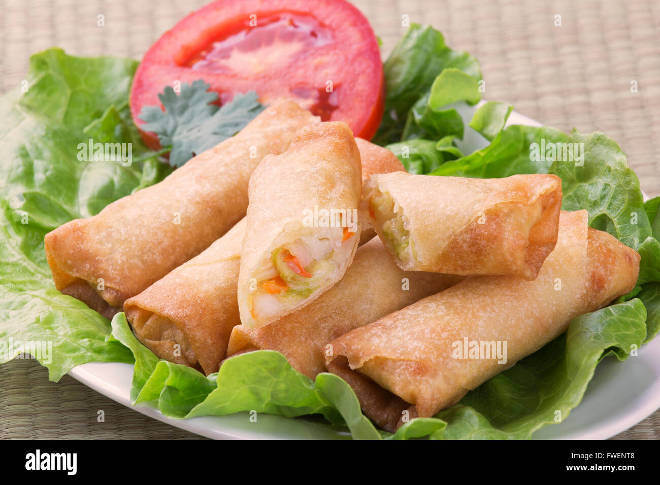 Traditional Chinese Spring Rolls showing inside of appetizer Stock ...
